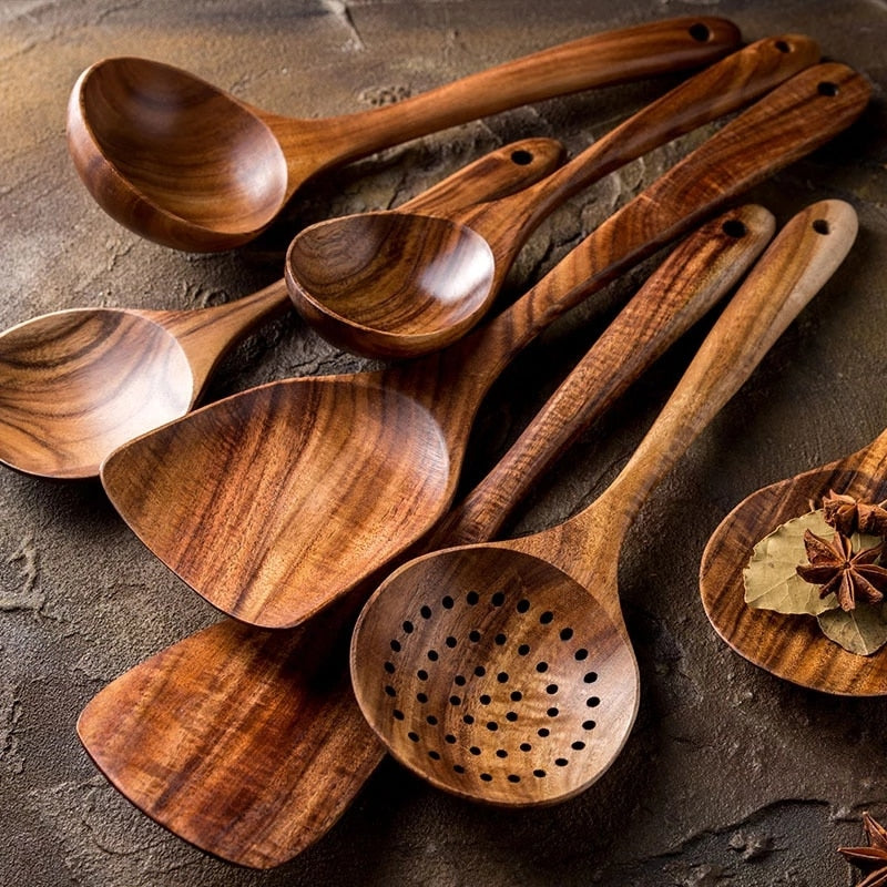 Wooden 7 Pieice Teak Kitchen Utensil Set – Make Space For This